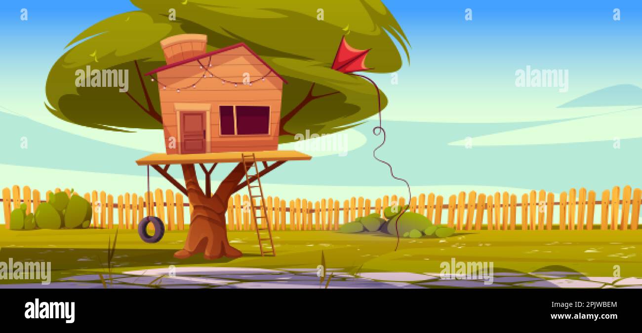 Tree house on backyard lawn with fence cartoon background. Vector ...