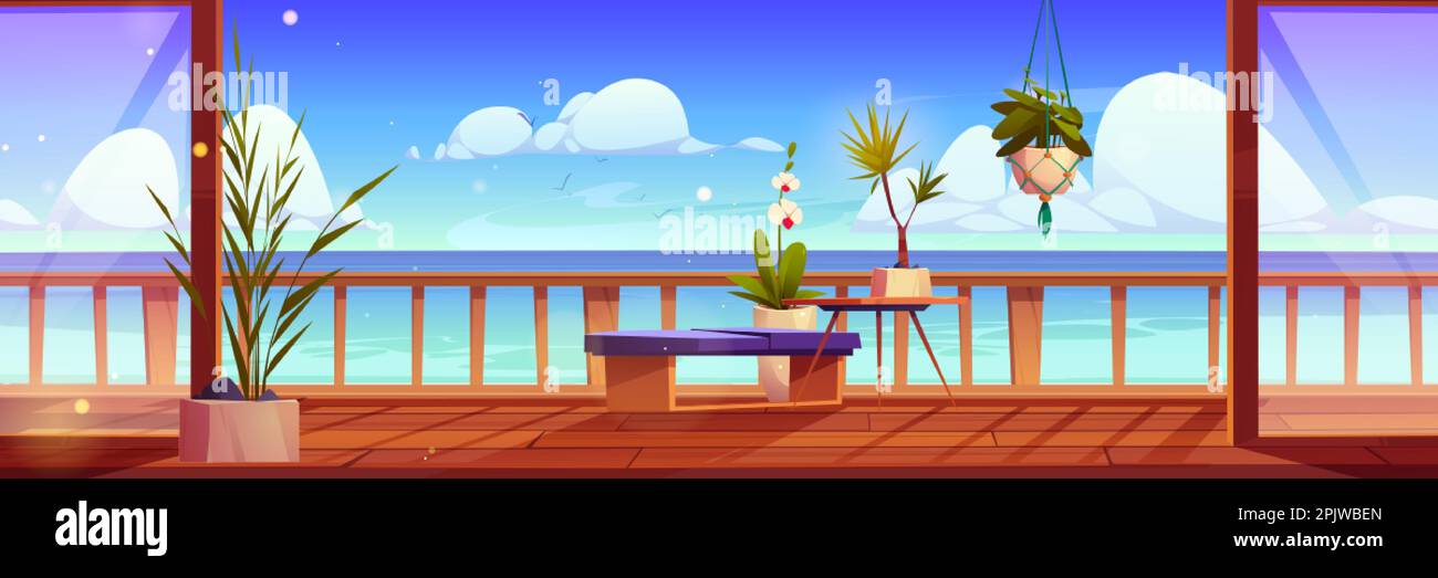 Open balcony glass window with sea view vector background. Door on ...