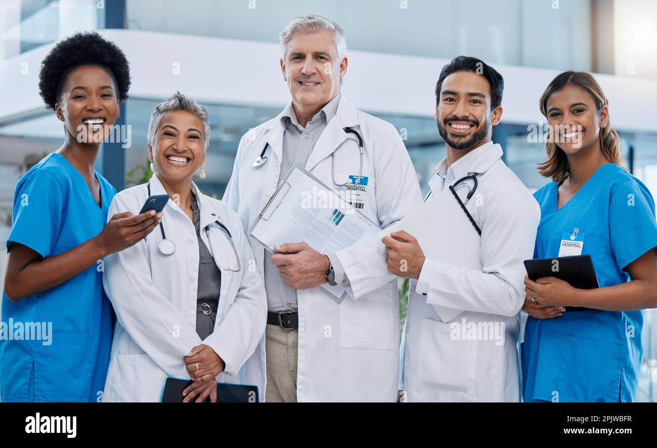 Hospital, doctor team portrait and leadership smile in clinic feeling ...