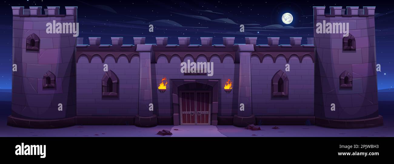 Wall of medieval stone castle at night. Vector cartoon illustration of ...