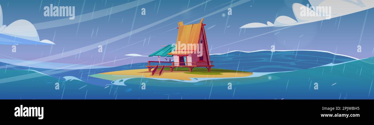 Storm with rain, wind and water waves in sea with island. Tropical ...