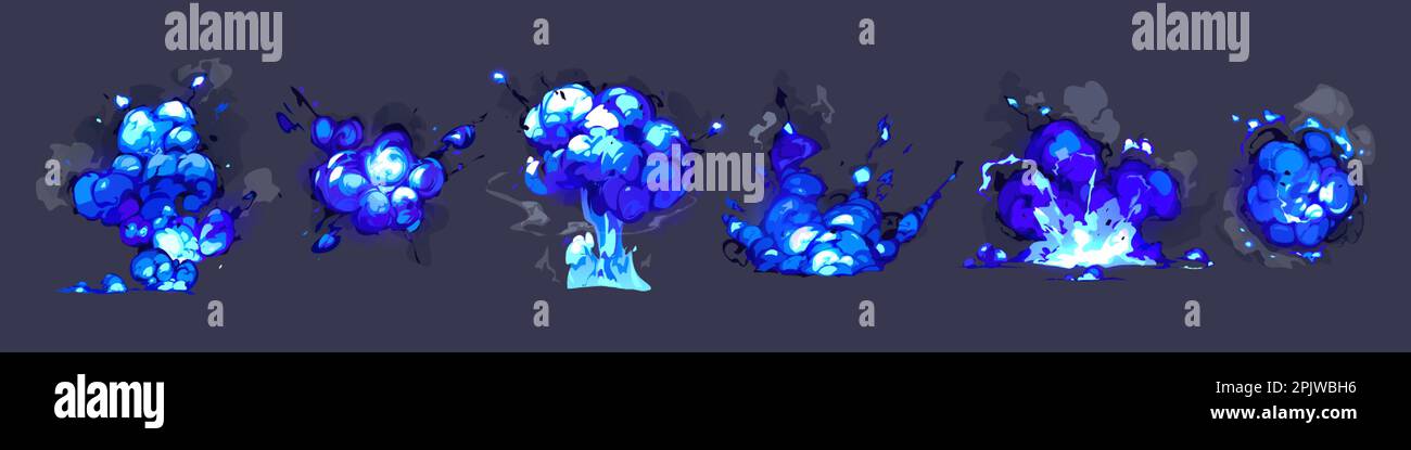 Blue fire explosion ui animation sprite vector set. Cartoon magic hit ...