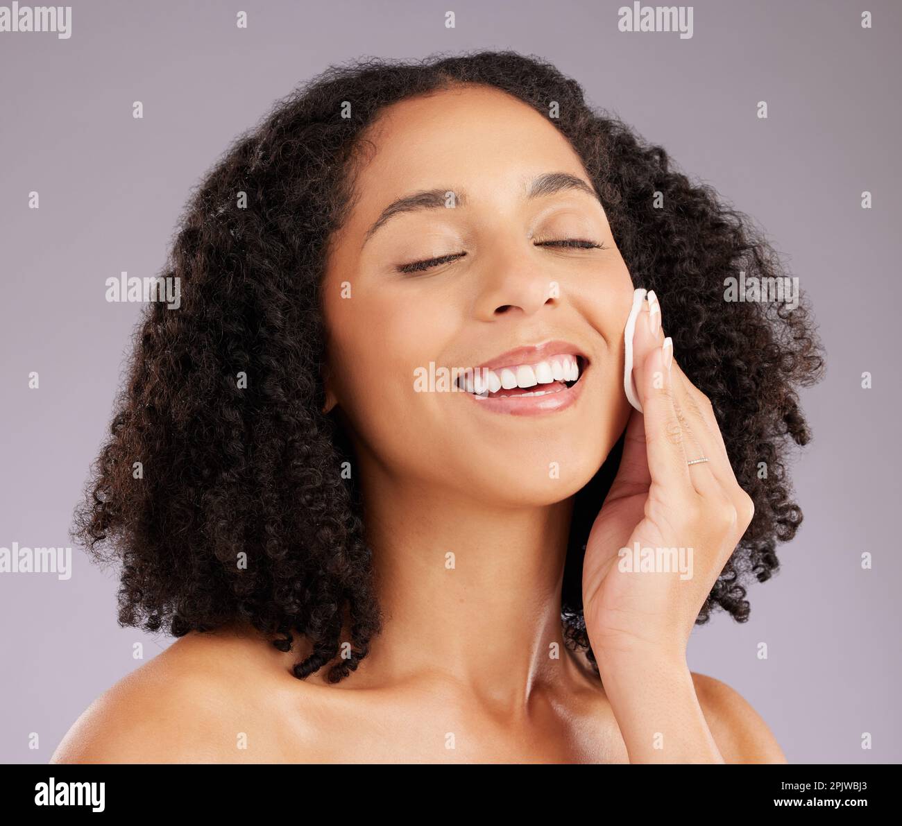 Cotton, beauty and face of happy woman in studio with salon cosmetics ...