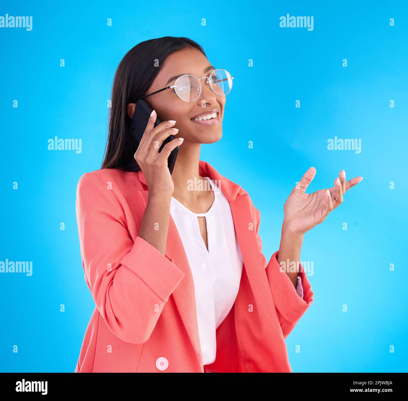 Happy business woman, phone call and conversation for communication or ...