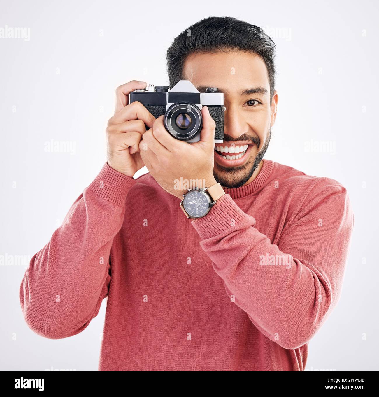 Happy, photographer and portrait of Asian man with a camera isolated on ...