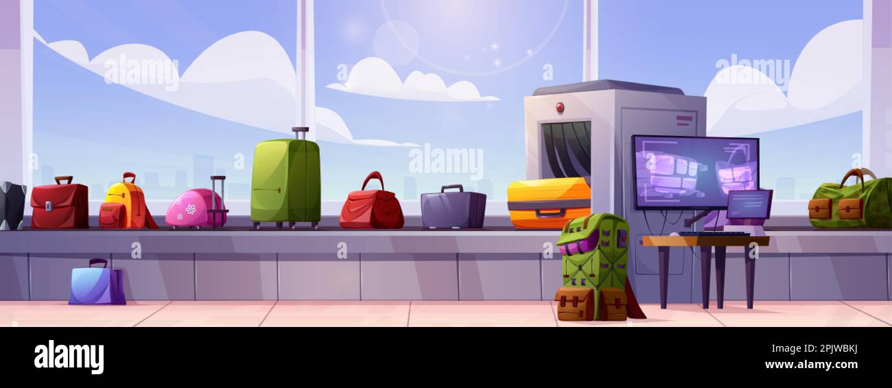 Airport luggage conveyor security belt vector. Check suitcase baggage ...