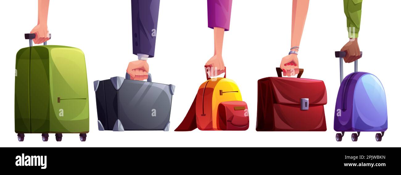 Man and woman hand hold travel suitcase vector set on white background ...