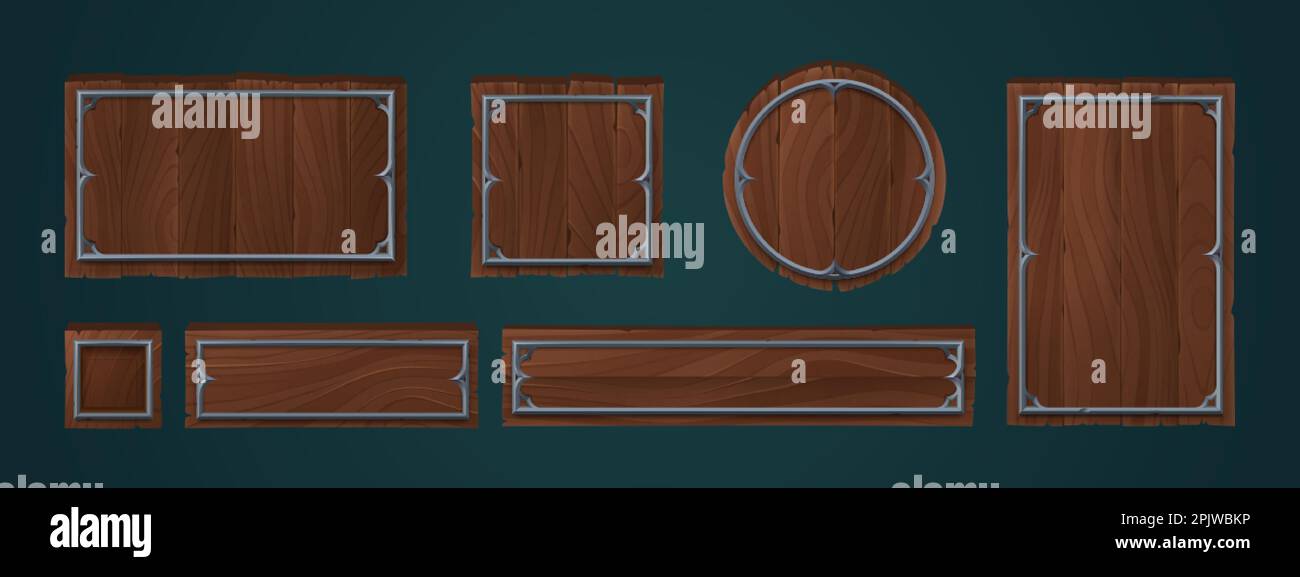 Wooden plates with metal frames for game ui design. Wood signs, panels ...