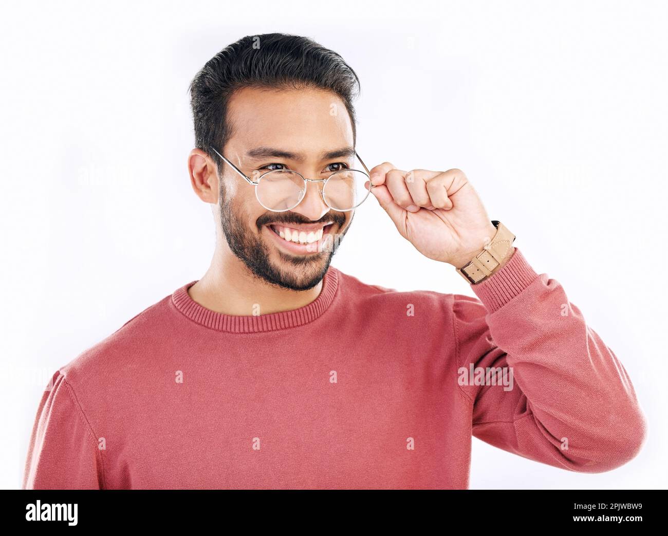 Glasses, studio and happy man face with a smile from eye care or ...