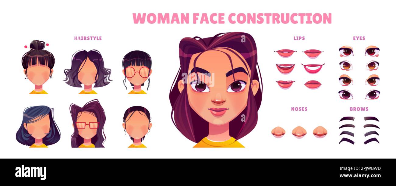 Caucasian young woman face construction set isolated on white ...