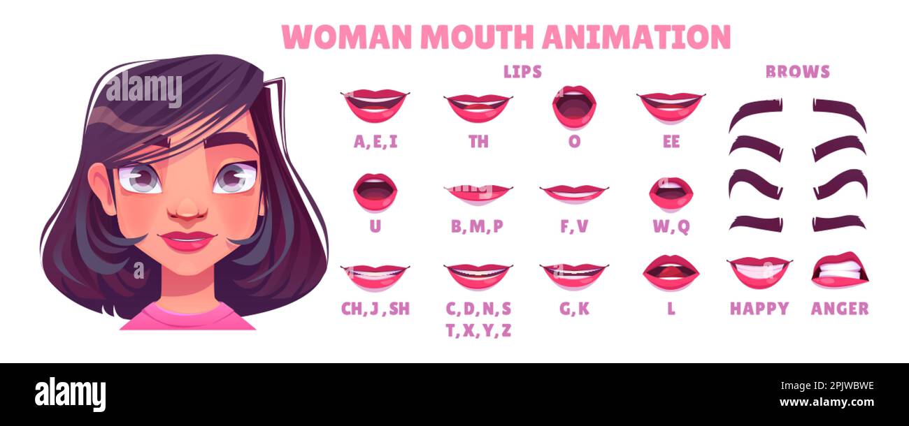 Caucasian young woman mouth animation set isolated on white background ...