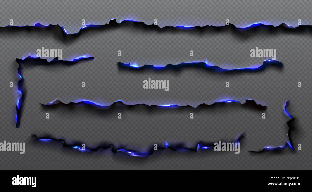 Fire on burnt paper edges. Frames with burn effect with blue flame ...