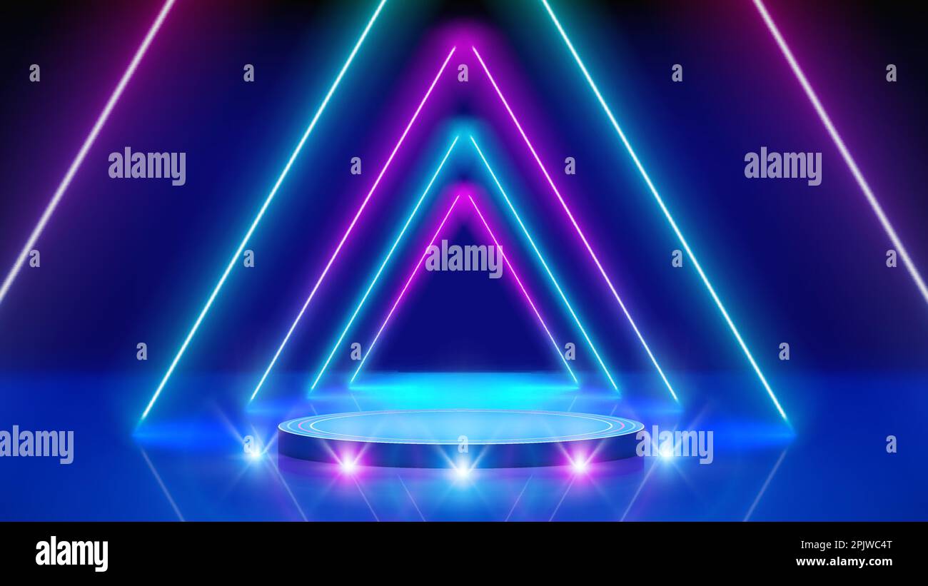 Neon triangular arch, podium, led arcade, stage light. Spotlight, lines ...