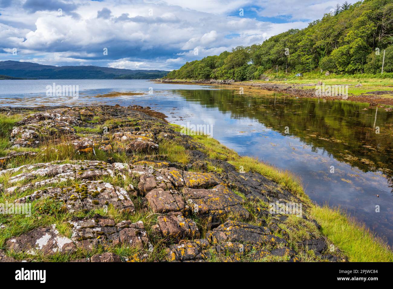 Carnoch River as it discharges into Loch Sunart at the head of the loch ...