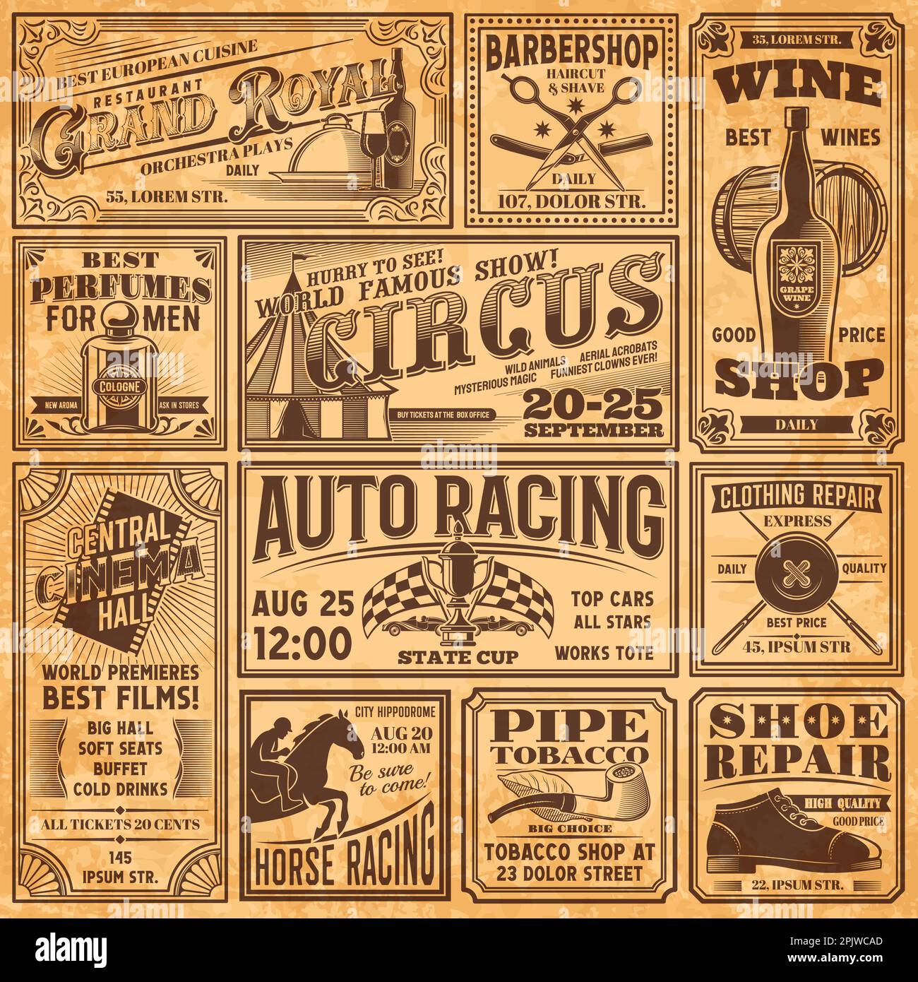 Vintage newspaper banners, old advertising magazine or journal page ...