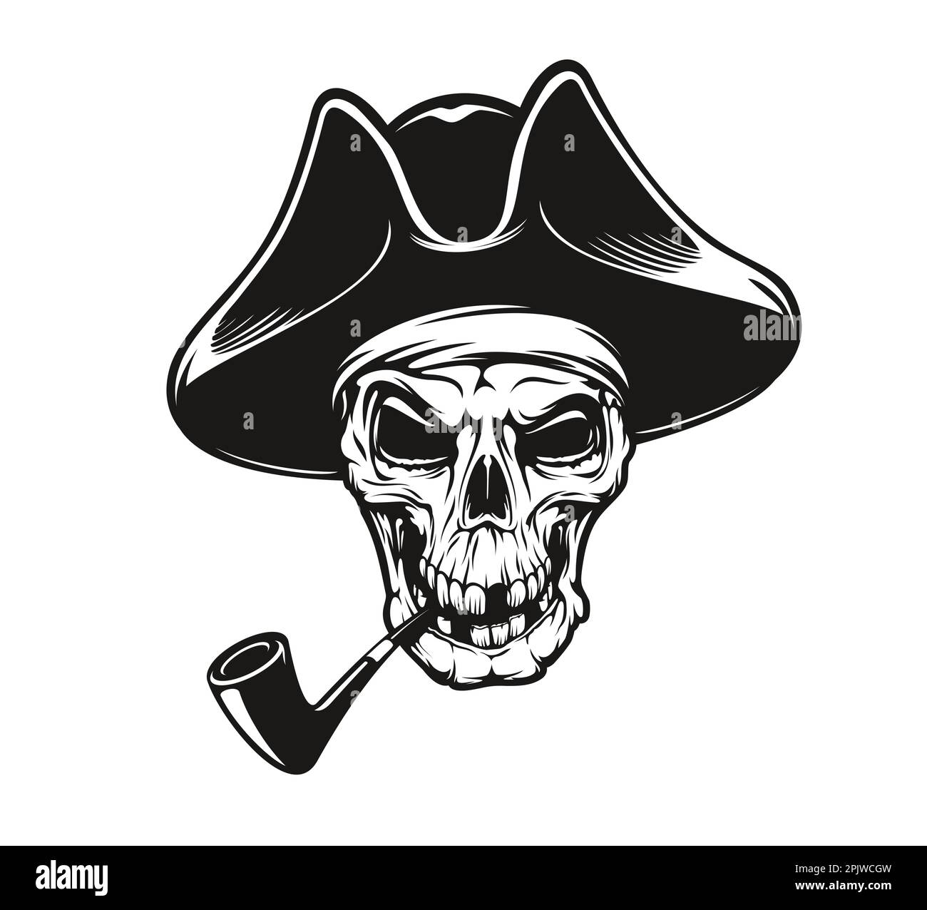Pirate captain skull tattoo with pipe and tricorn hat. Vector skeleton ...