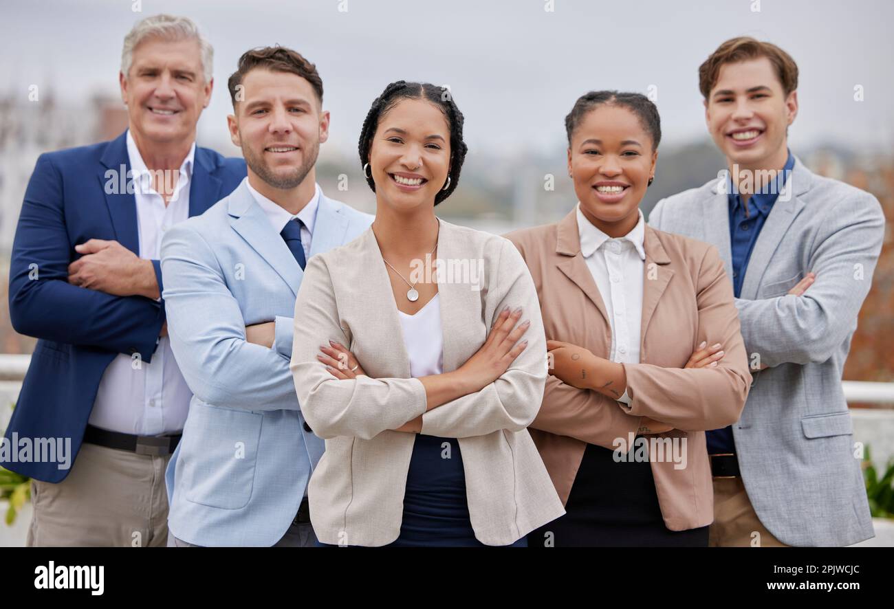 Portrait, business and employees with arms crossed, teamwork and ...