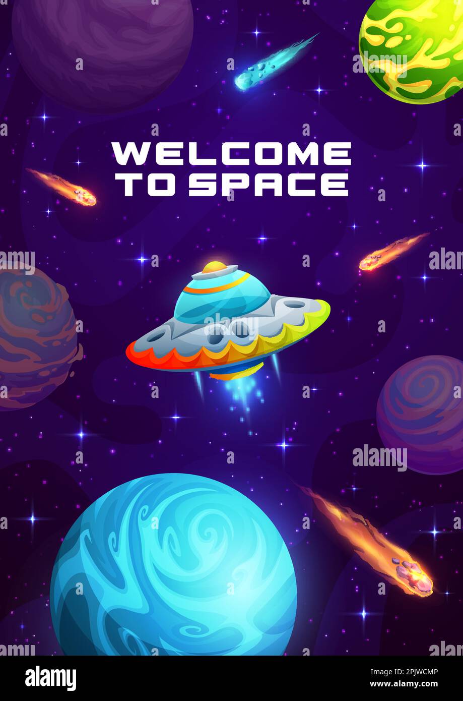 Cartoon galaxy space poster with ufo and universe landscape. Vector ...
