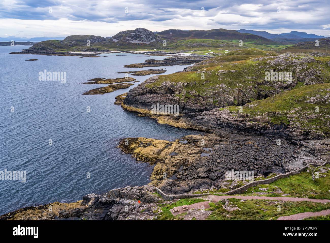 Elevated view of rugged coastline at Ardnamurchan Point, the most ...