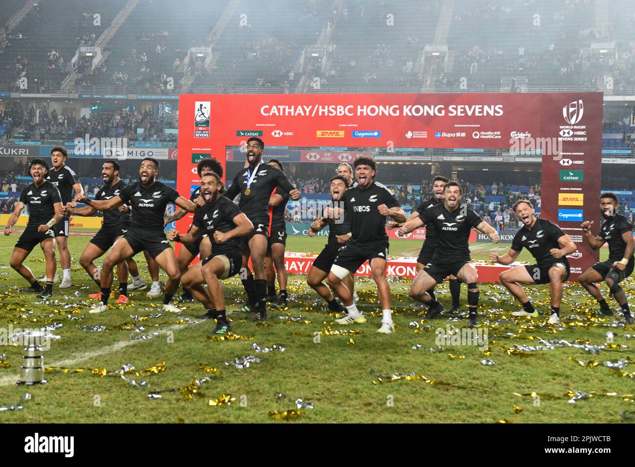 New Zealand men's team perform the Haka during the trophy ceremony ...
