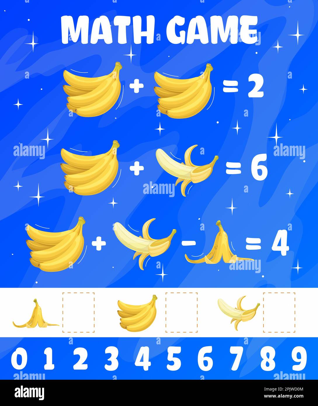 Math game cartoon raw banana fruits. Vector mathematics riddle ...