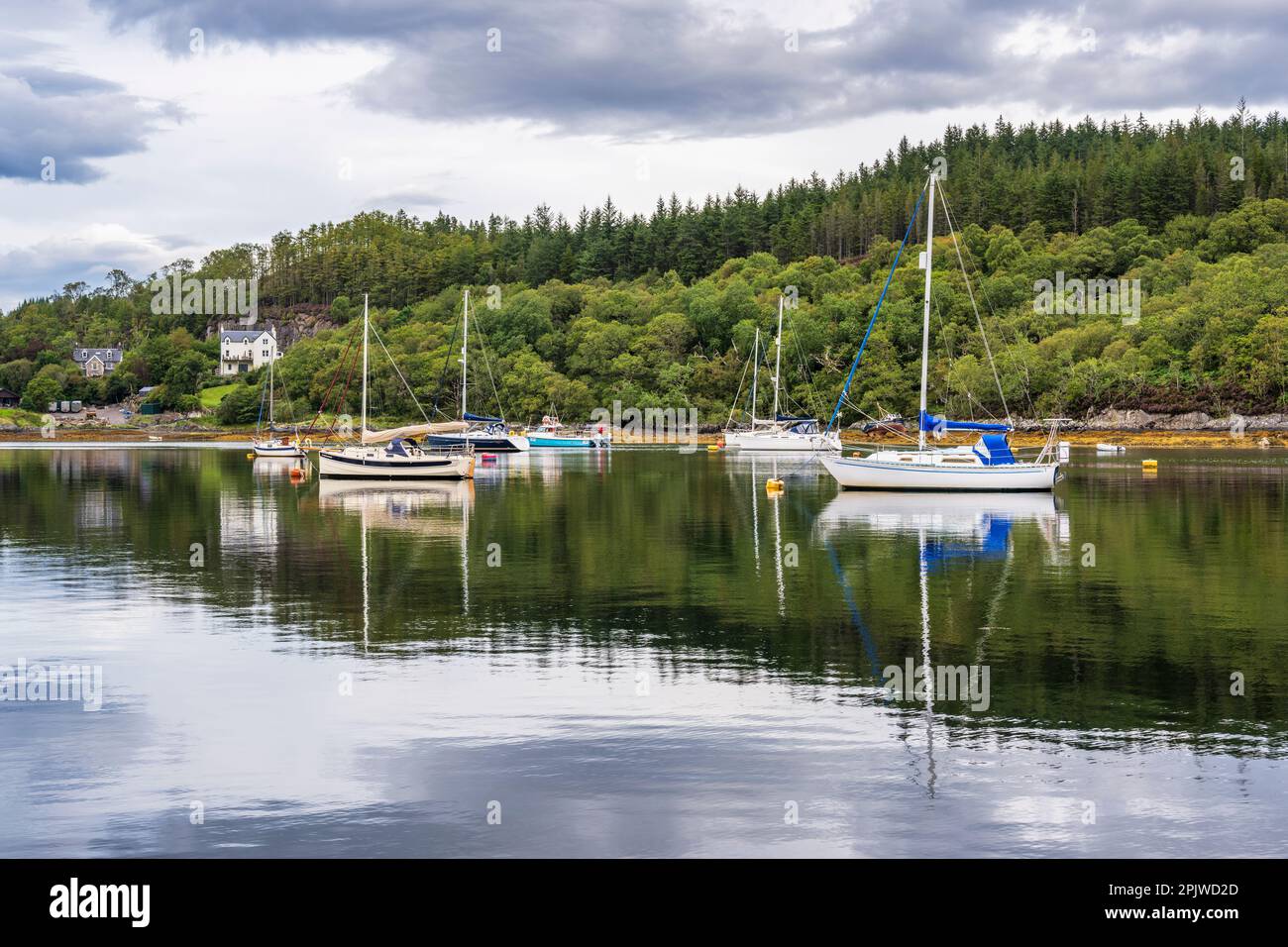 Yachts moored at Salen Jetty on Loch Sunart on the Ardnamurchan ...