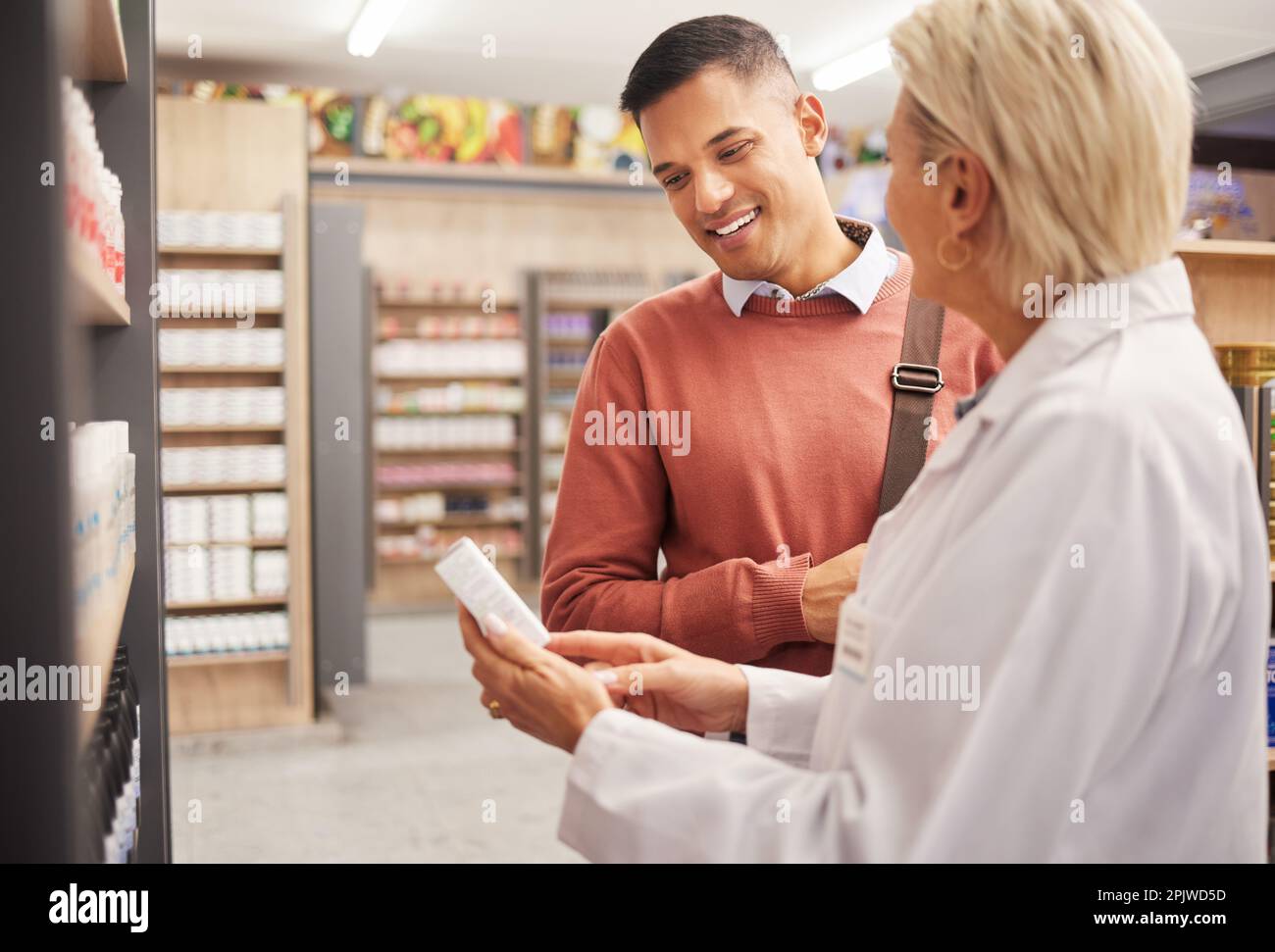 Happy man shopping, medicine or pharmacist in pharmacy for retail ...