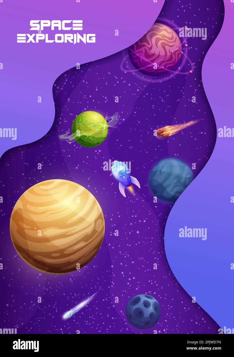 Paper cut space landscape of cartoon rocket, fantasy galaxy planets ...