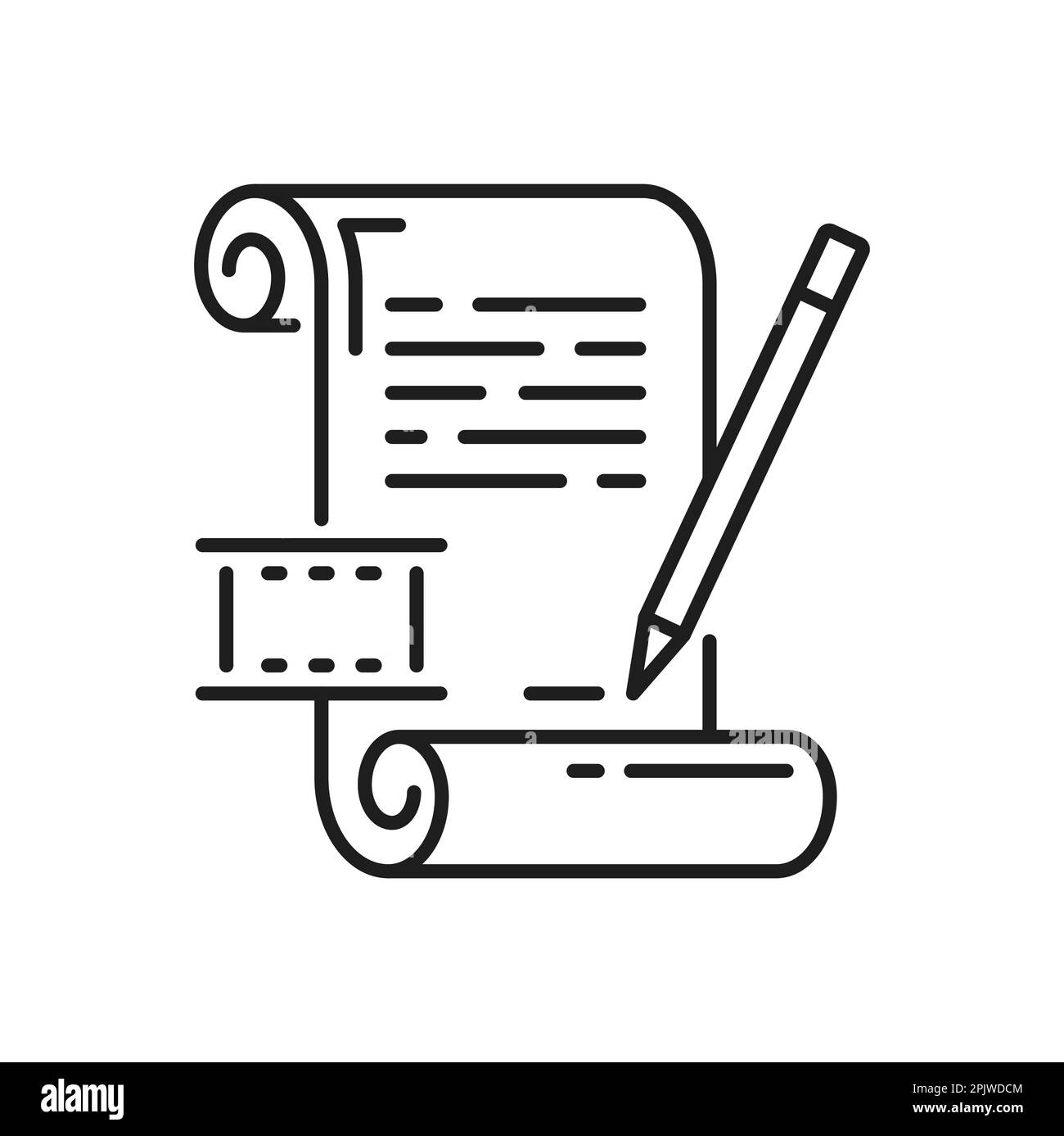 Movie script paper document and pen signature sign. Vector screenplay writing thin line scenario ...