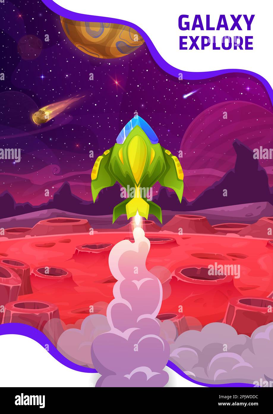 Spaceship launch from space planet of alien galaxy, vector astronomy ...
