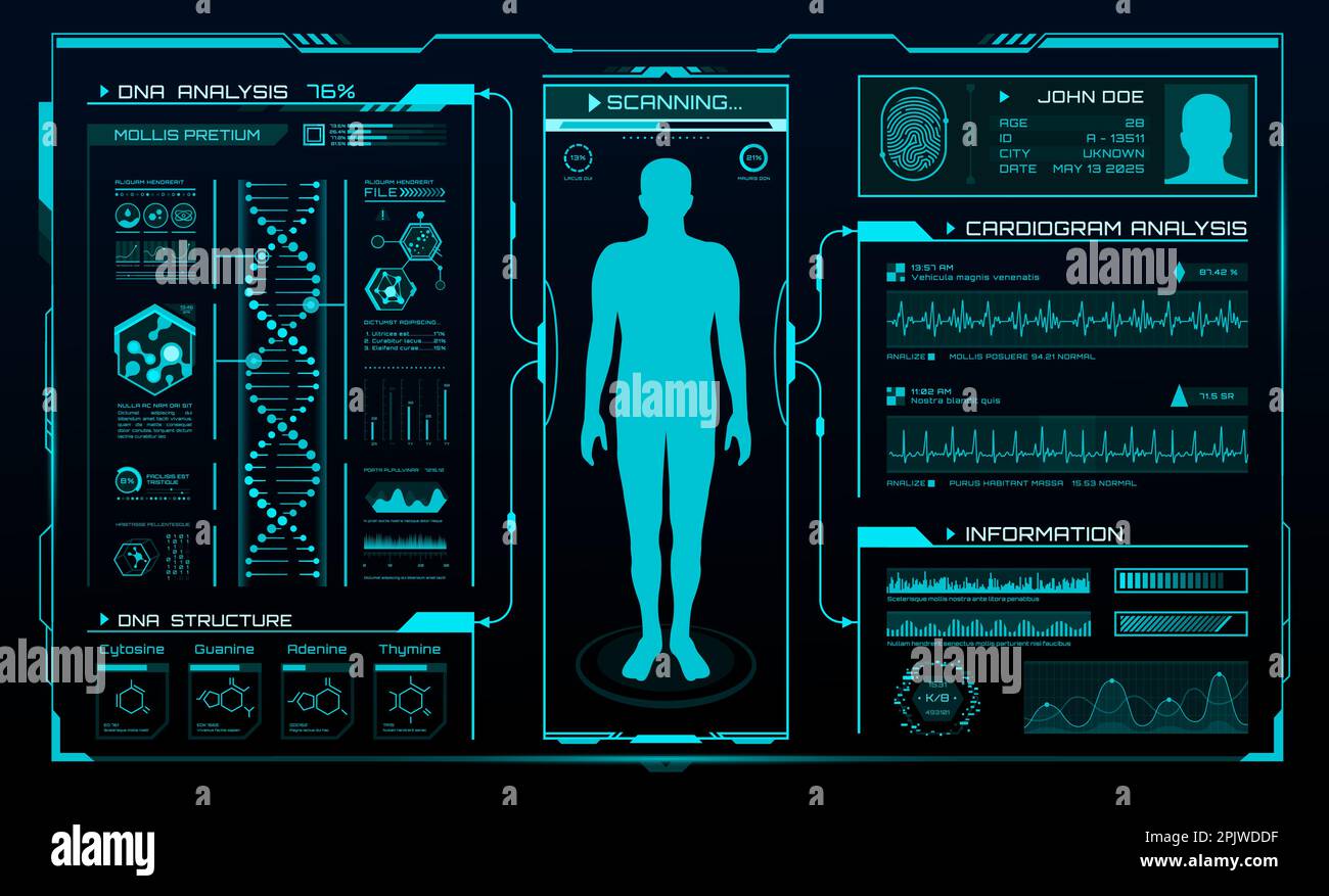 HUD medicine, body health digital technology interface, futuristic vector. HUD medical screen UI ...