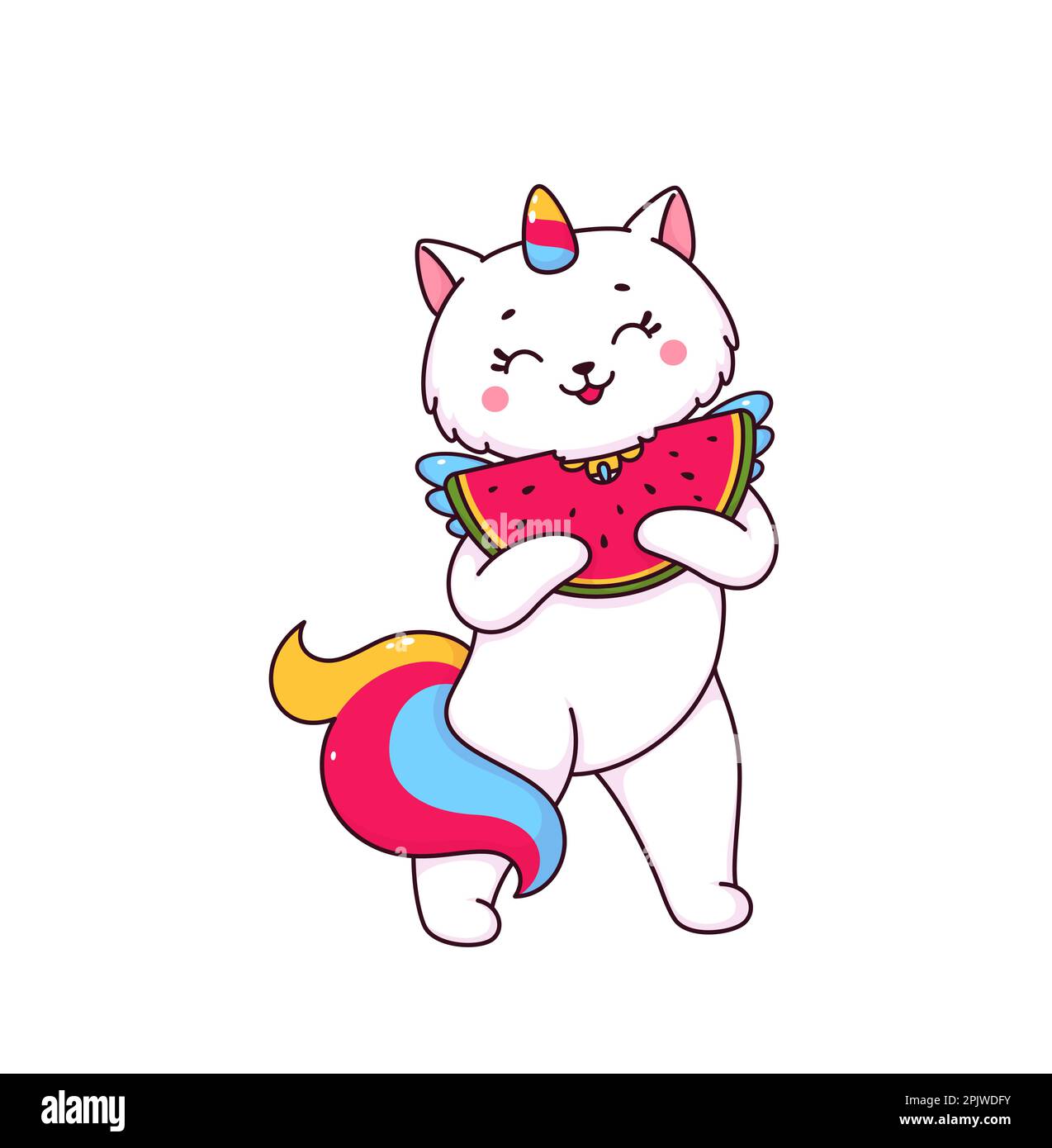 Cartoon caticorn character with watermelon. Cute unicorn cat vector ...