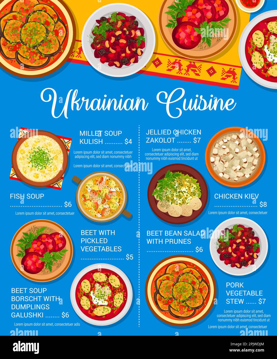 Ukrainian cuisine menu, food for lunch and dinner, vector traditional ...
