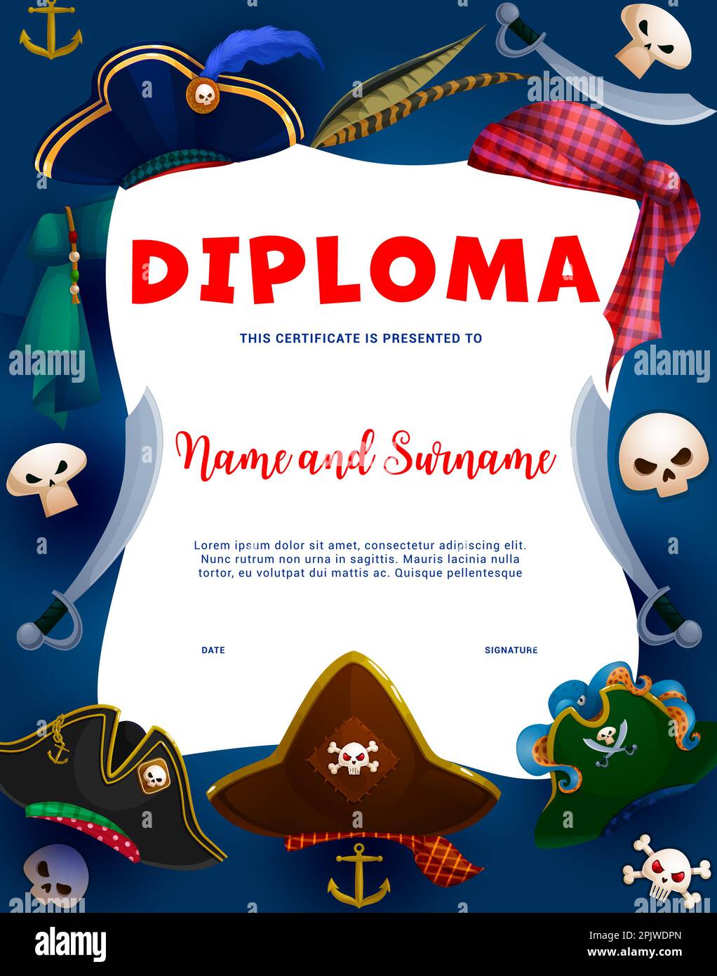 Kids diploma. Cartoon pirate hats and tricorn, sabers and skulls with ...