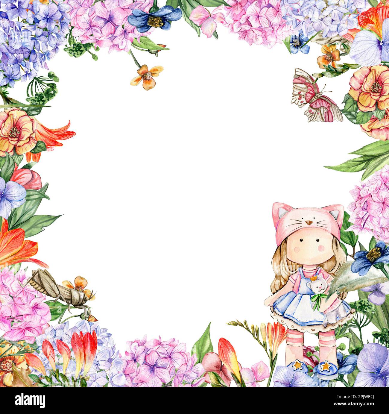 Watercolor square flower frame in cartoon style with a cute girl doll ...