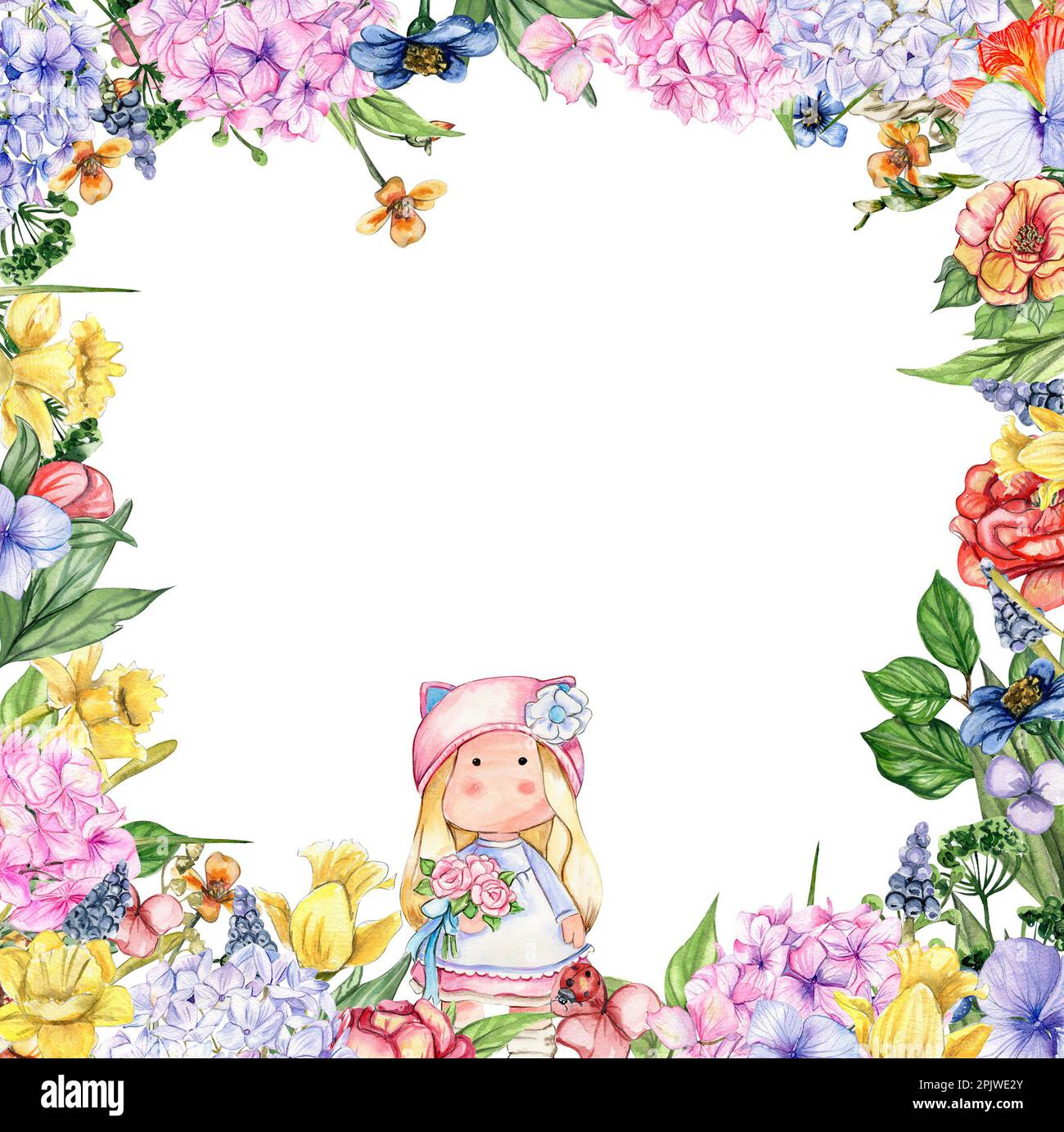 Watercolor square flower frame in cartoon style with a cute girl doll ...