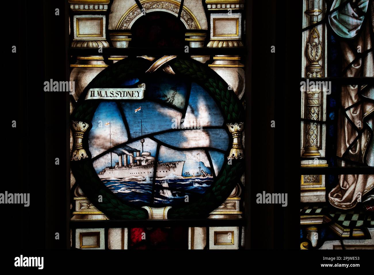 A stained glass window of HMAS Sydney, at the University of Sydney in ...