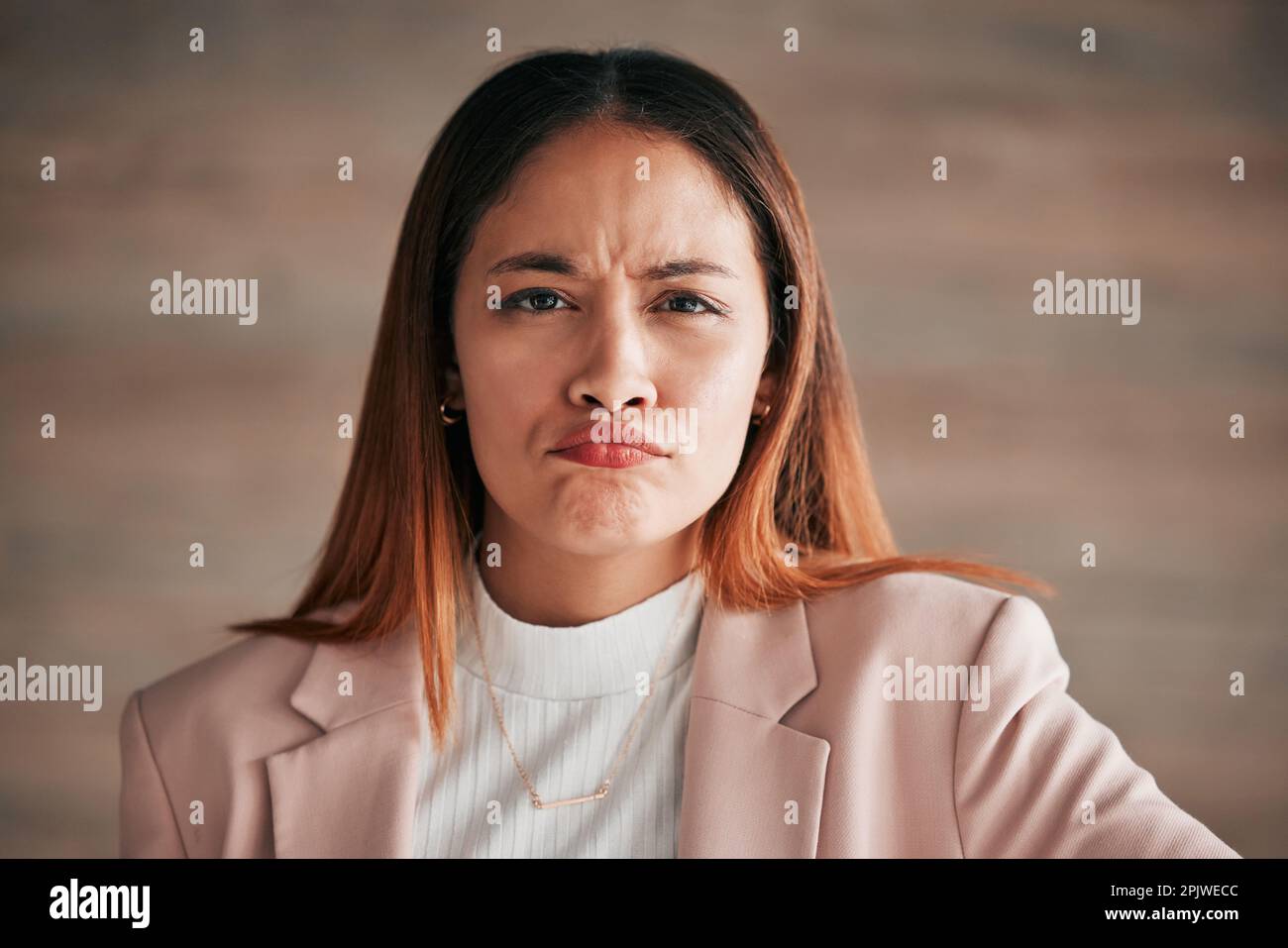Portrait, frown and business woman in office confused, unsure or ...