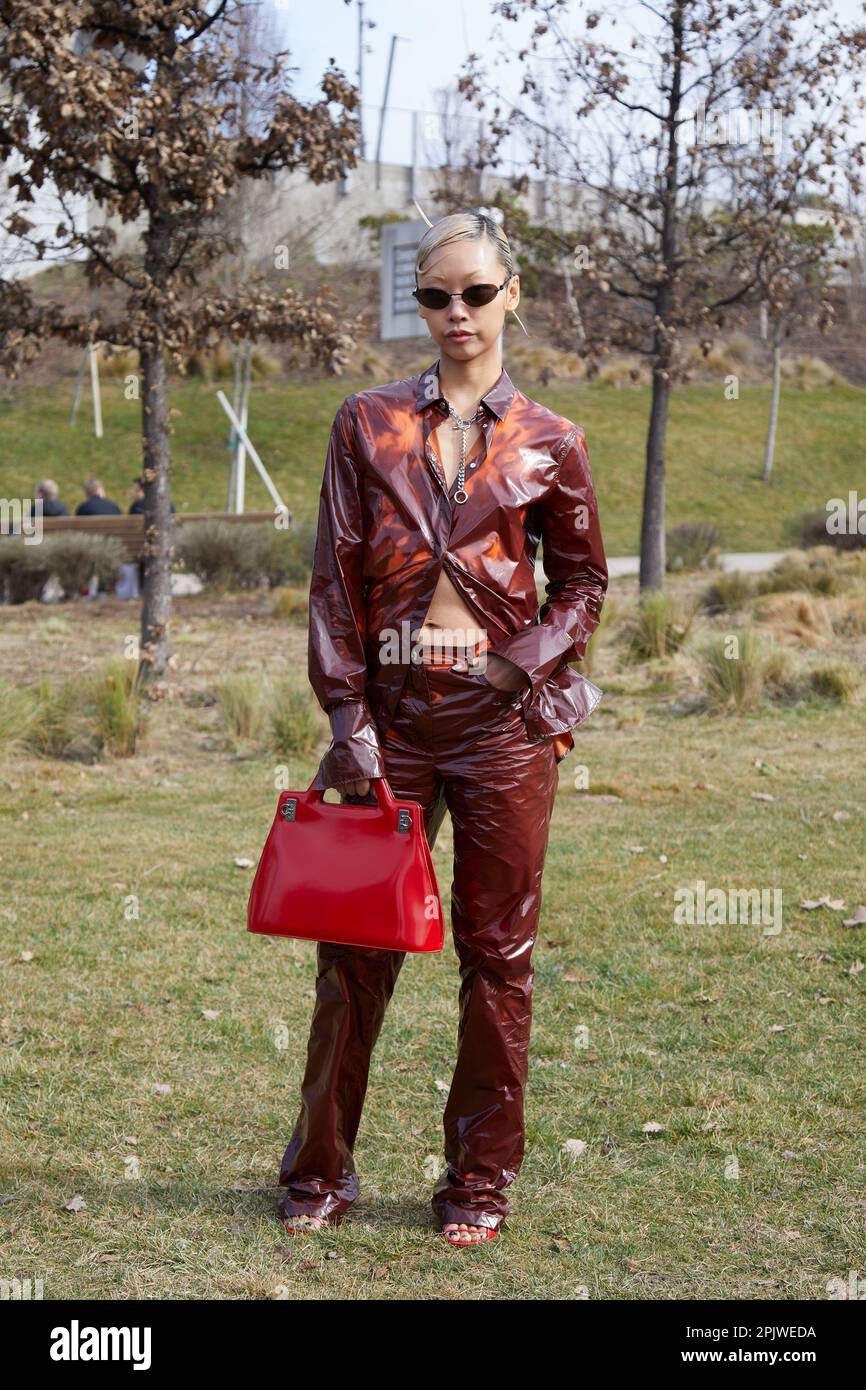 MILAN, ITALY - FEBRUARY 25, 2023: Vanessa Hong before Ferragamo fashion ...