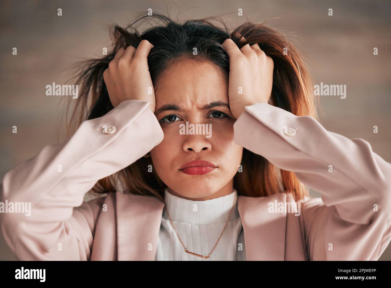 Portrait, stress and woman in office with anxiety, problem or mental ...