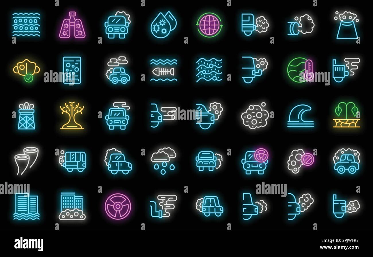 Traffic fumes icons set outline vector. Climate gas. Car co2 neon color ...