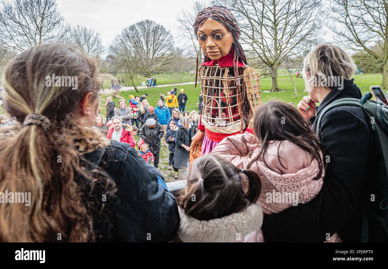 Little Amal leads a Sponsored Walk through Hampstead Heath in support ...