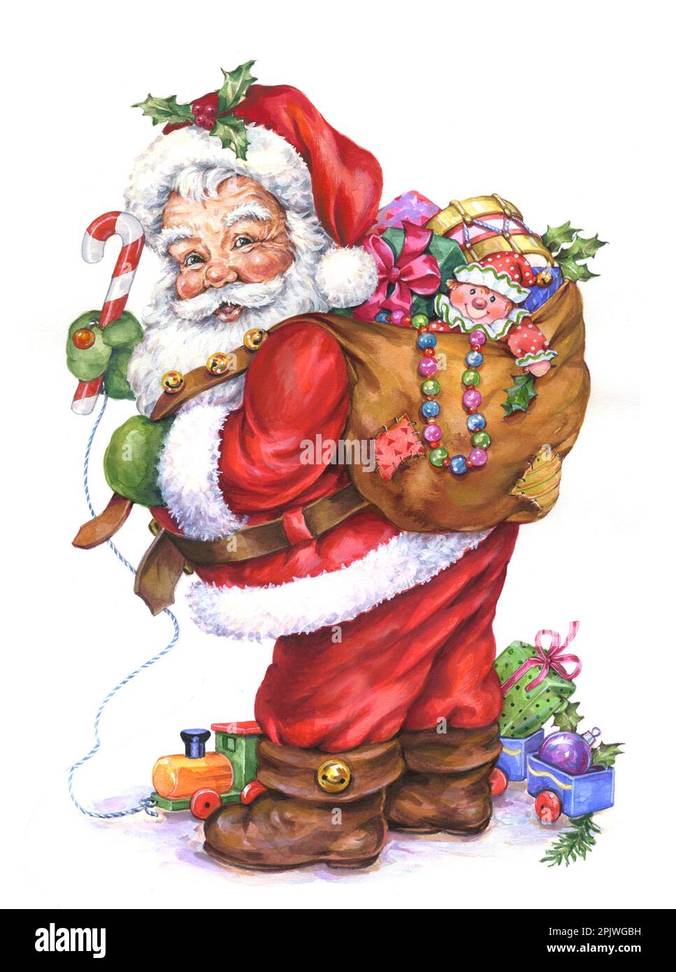 Cute Santa with candy stick & sack of toys Stock Photo - Alamy