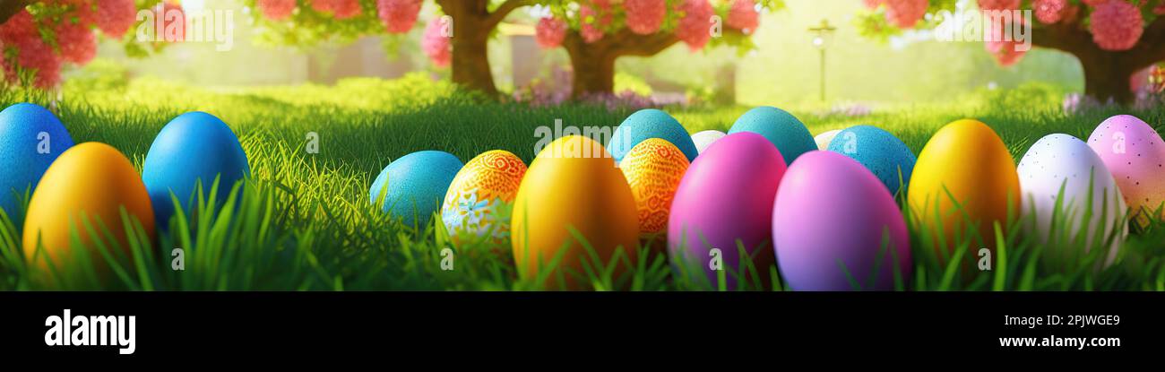 Fresh spring background with easter eggs banner green juicy meadow ...
