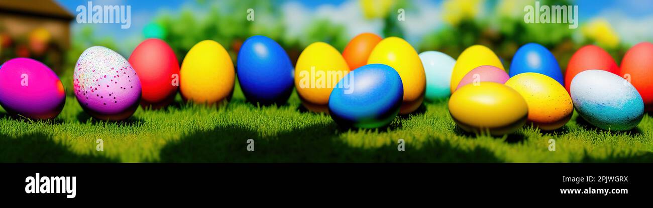 Fresh spring background with easter eggs banner green juicy meadow ...