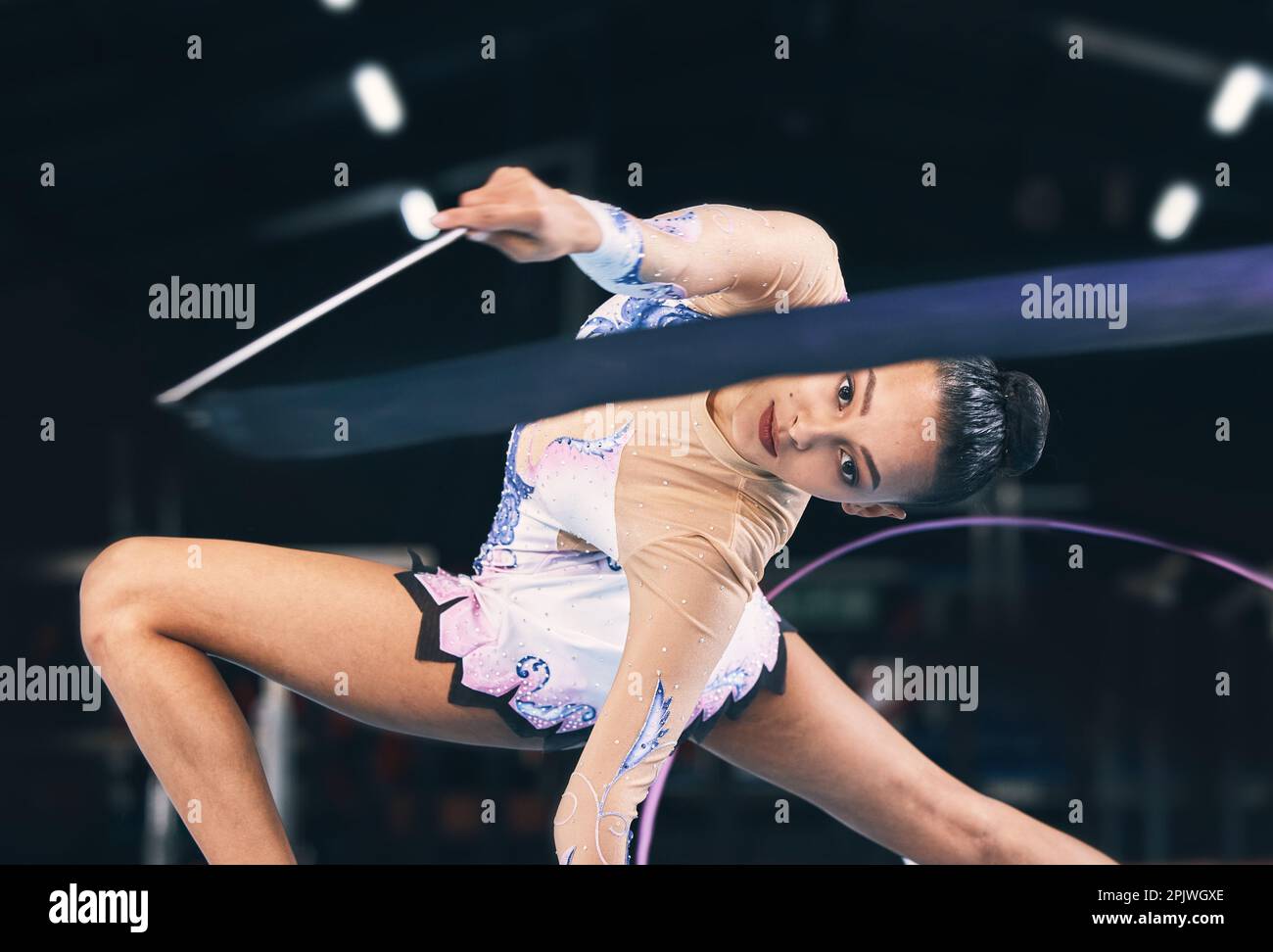 Ribbon gymnastics, woman and portrait in performance, dance training ...