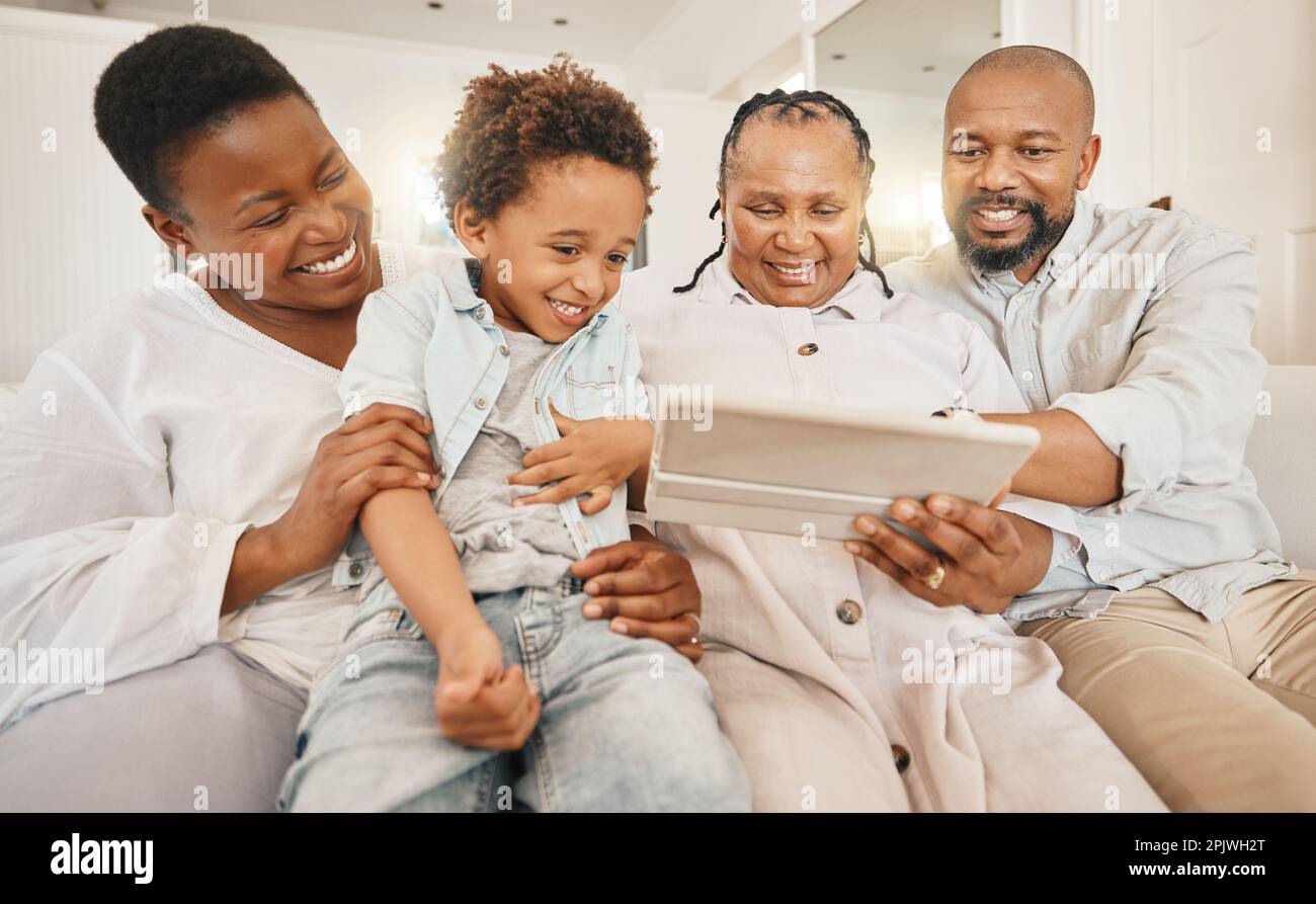 Family tablet, kid video and education with mother and father help of ...