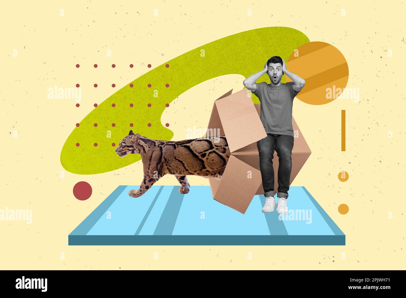 Photo banner collage of young confused guy unboxing his package inside ...