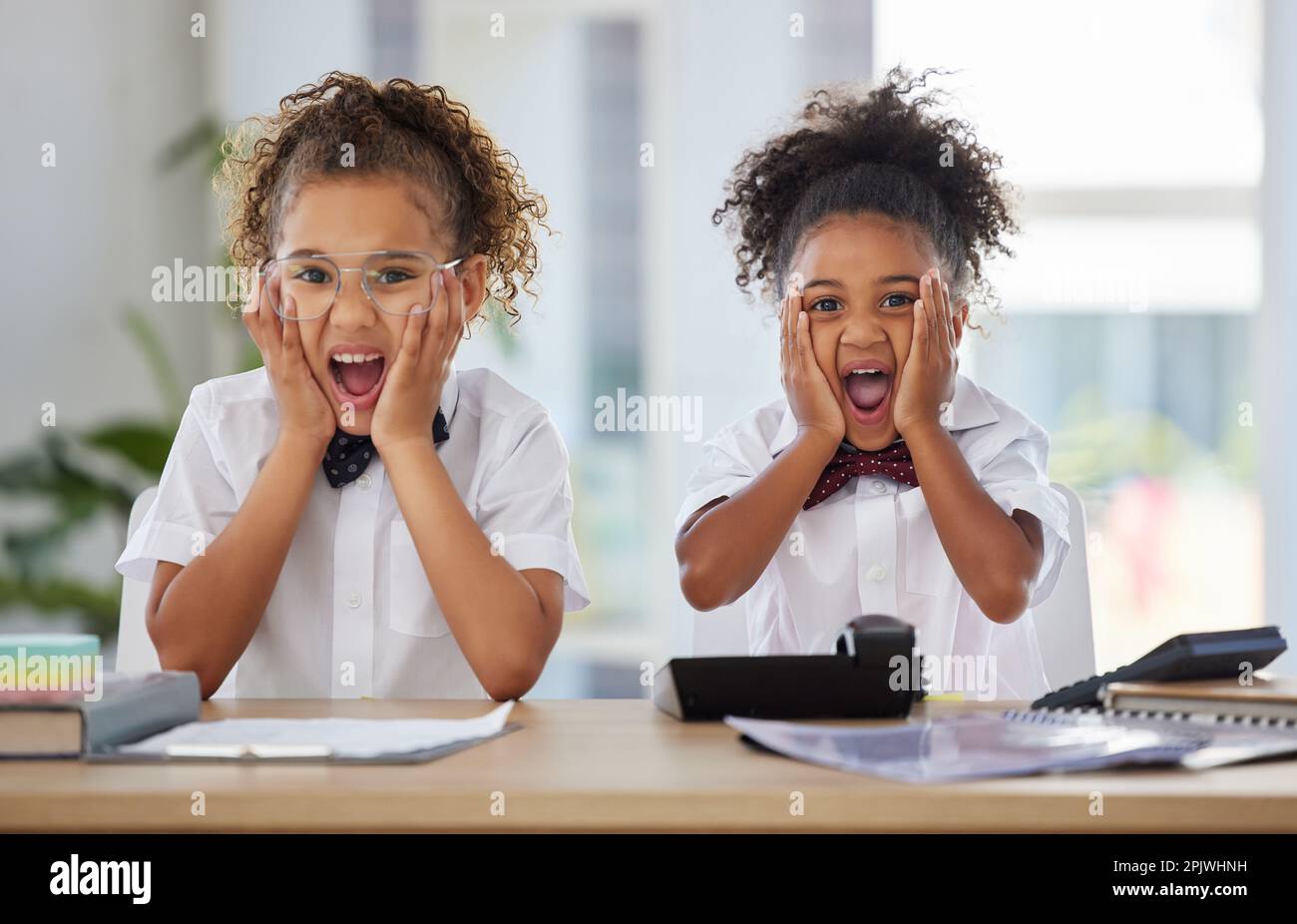 Portrait, surprise and kids in business office playing, pretending and ...