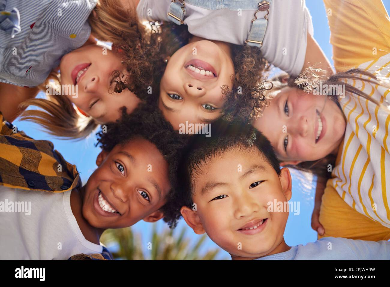 Friends, smile and below portrait of children outdoors for summer ...